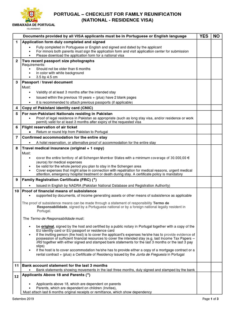 Portugal - Checklist For Family Reunification (National - Residence ...
