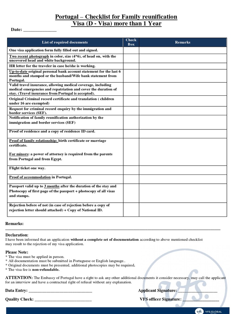 Portugal - Checklist For Family Reunification Visa (D - Visa) More Than ...