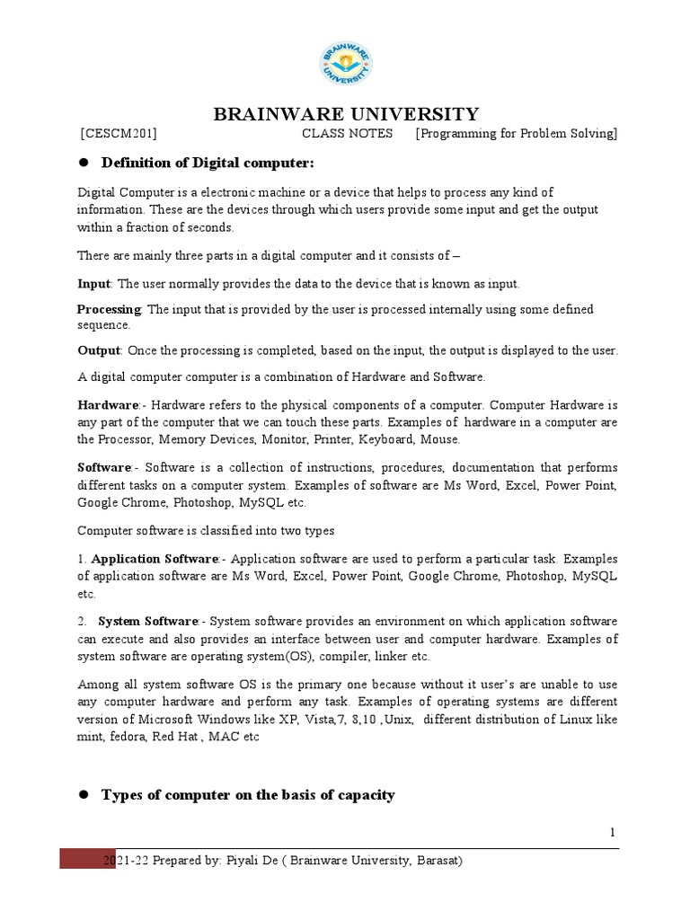 Brainware University: Definition of Digital Computer | PDF | Computer Data Storage | Read Only ...