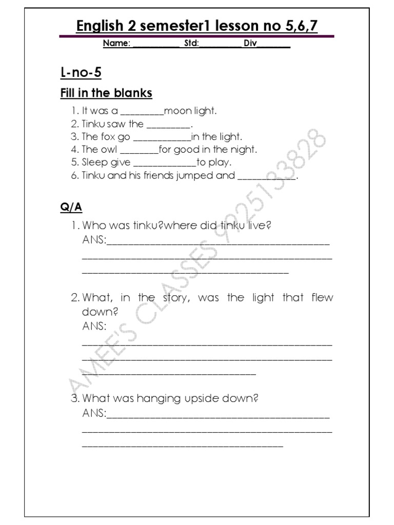 English 2 Semester1 Lesson No 5,6,7: Fill in The Blanks | PDF