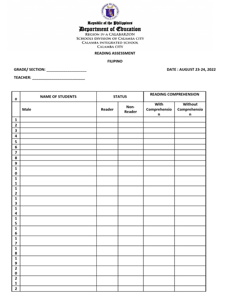 Filipino Reading Assessment Template | PDF | Reading Comprehension ...