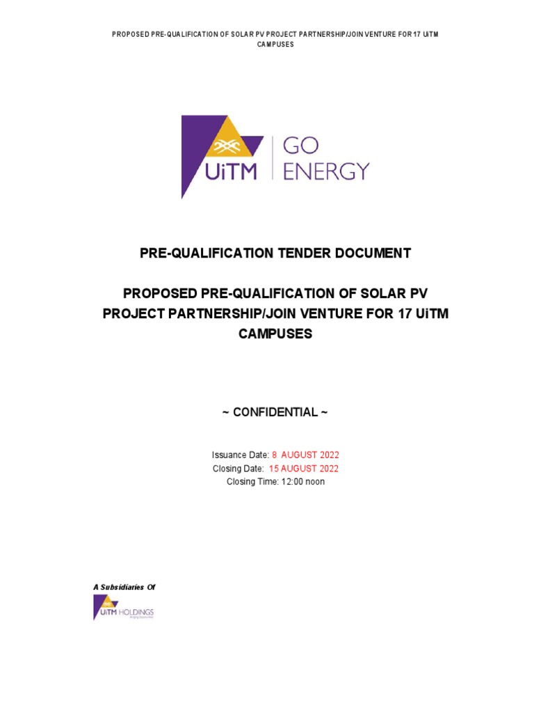 Pre-Q Tender Document - Solar PV For 7 UiTM Campuses | PDF | Breach Of ...