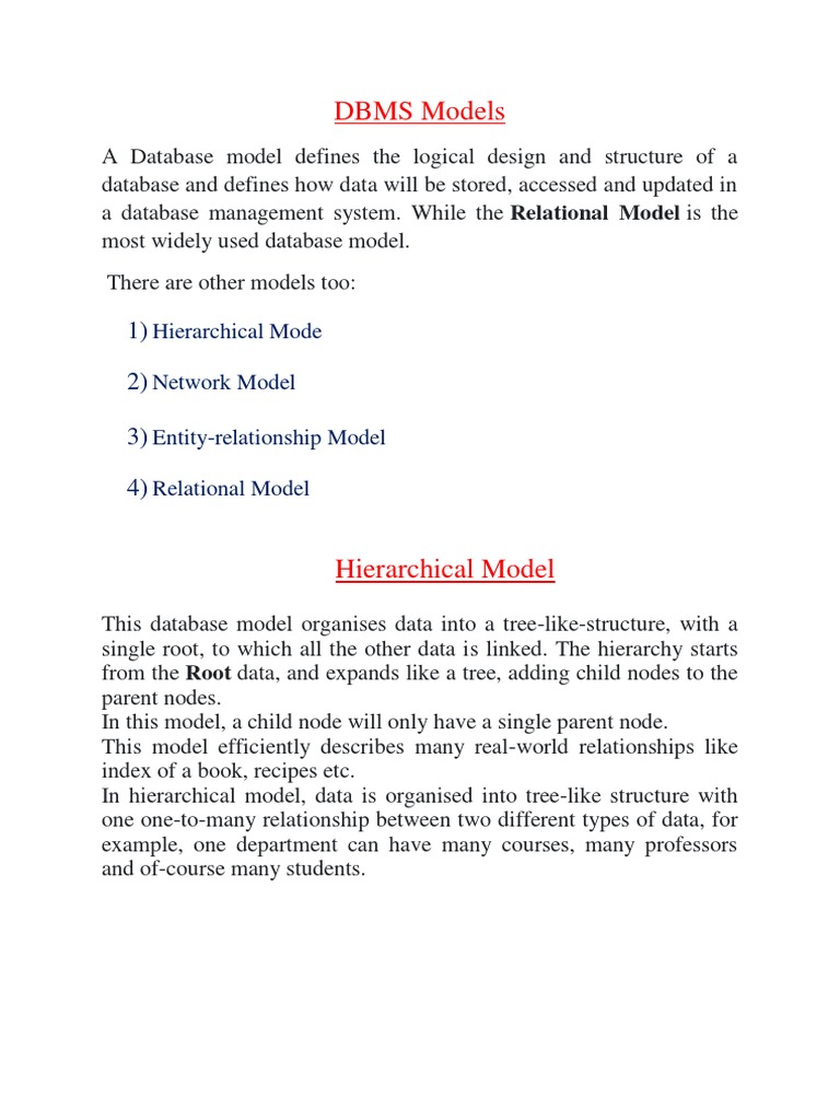 Dbms Models Hierarchical Mode Network Model Entity Relationship Model Relational Model Pdf 