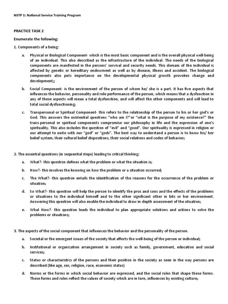 Practice Task 2 Enumerate The Following:: NSTP 1: National Service Training Program | PDF ...