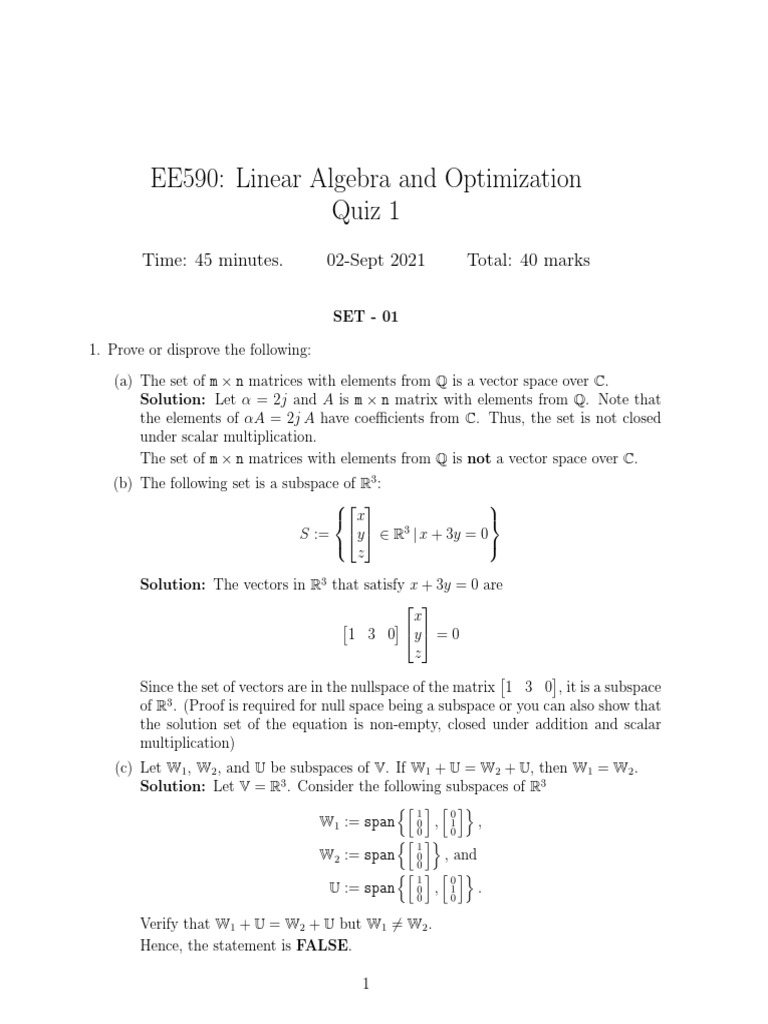 EE590: Linear Algebra and Optimization Quiz 1: Time: 45 Minutes. 02 ...