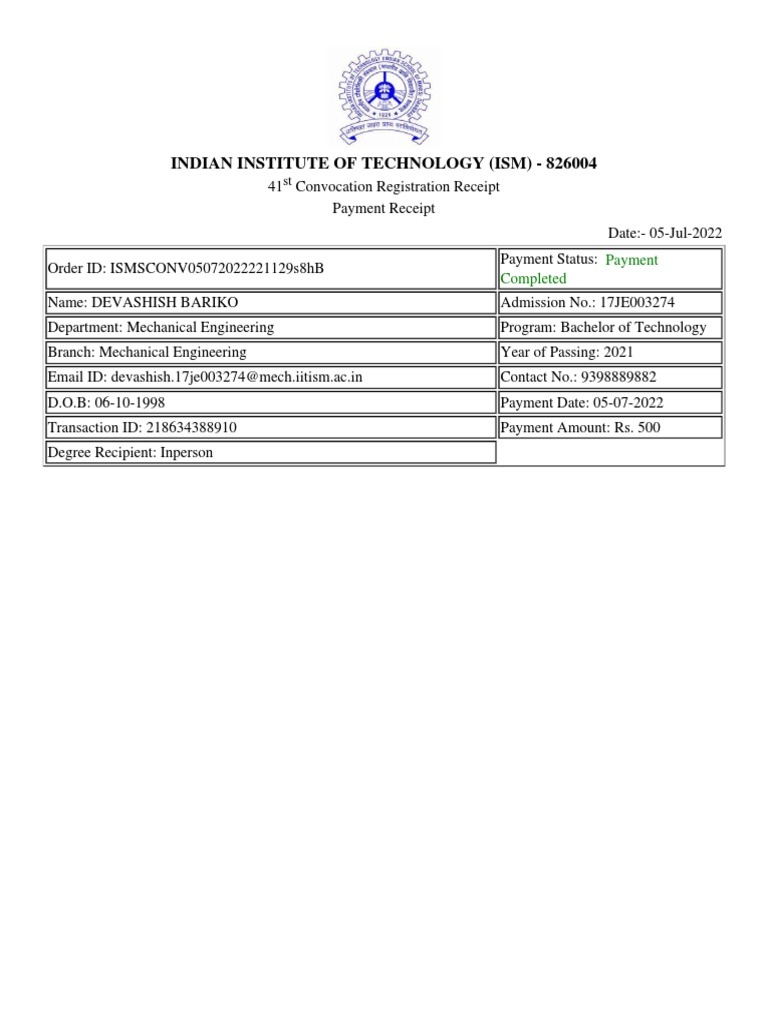 17JE003274 Convocation Payment Receipt | PDF
