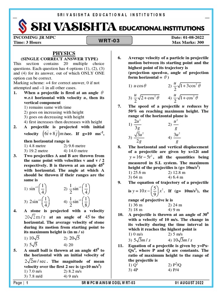 Incoming JR MPC Wrt-03 - DT 01-08-2022 - QP | Download Free PDF | Projectiles | Electron
