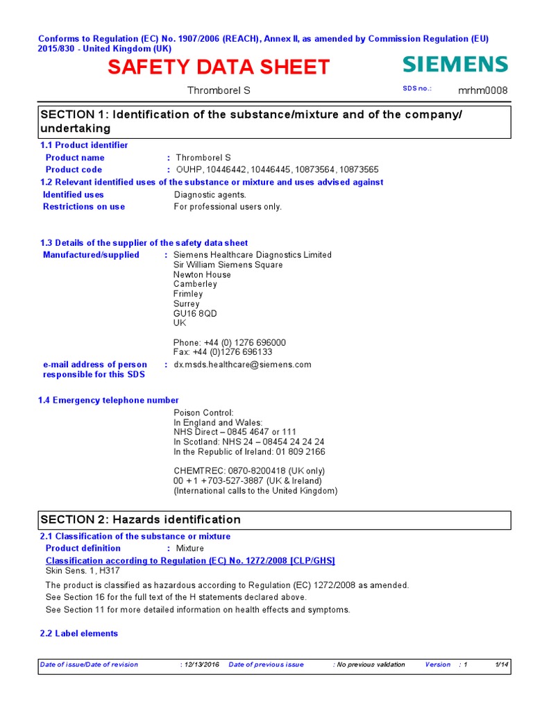 Safety Data Sheet: SECTION 1: Identification of The Substance/mixture and of The Company ...