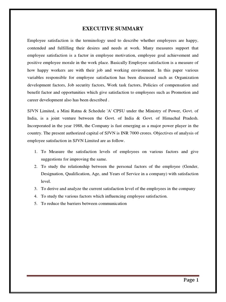 Final SJVN Project Employee Satisfaction | PDF | Job Satisfaction ...
