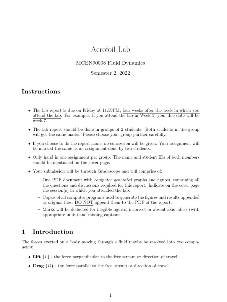 Aerofoil Lab Handout Sem 2 2022 | PDF | Airfoil | Lift (Force)