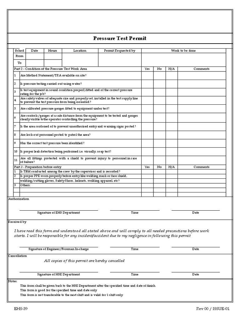 Pressure Test Permit Checklist | PDF | Personal Protective Equipment ...