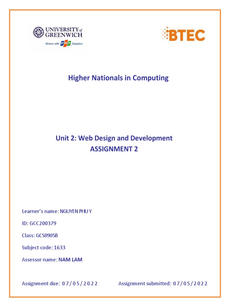 Higher Nationals in Computing: Unit 2: Web Design and Development ...