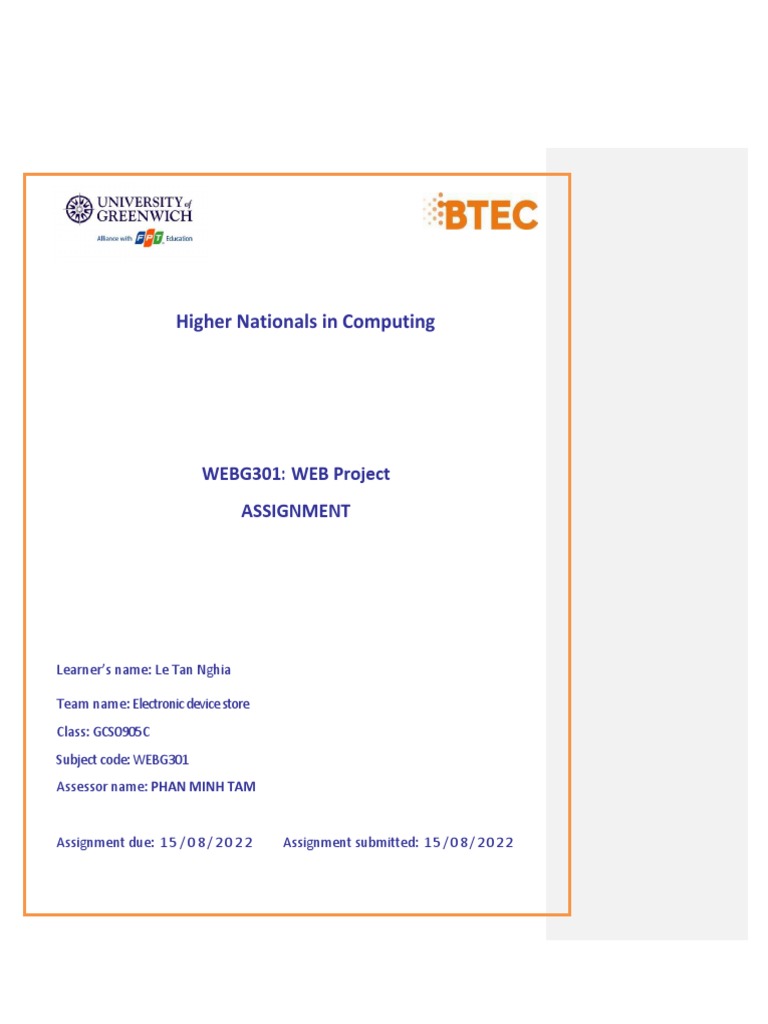 Higher Nationals In Computing Webg301 Web Project Assignment Pdf Software Development