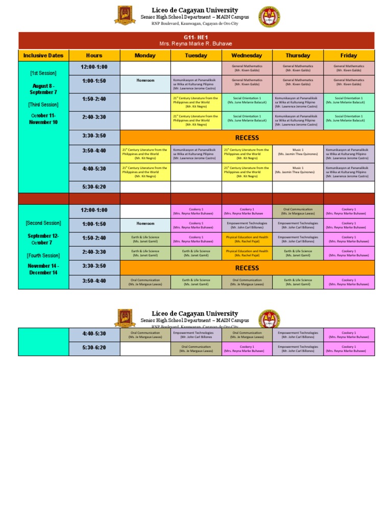 Class Schedule He 1 1st Sem 22-23 | PDF