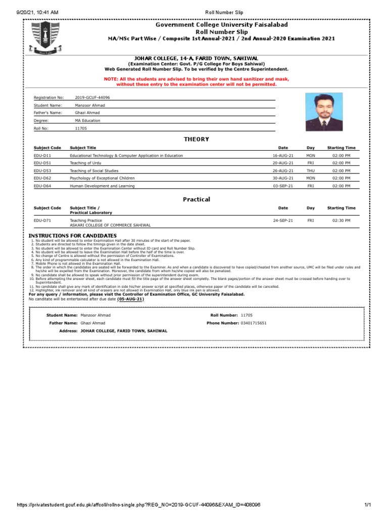 GCUF Roll Number Slip 2021 Details | PDF