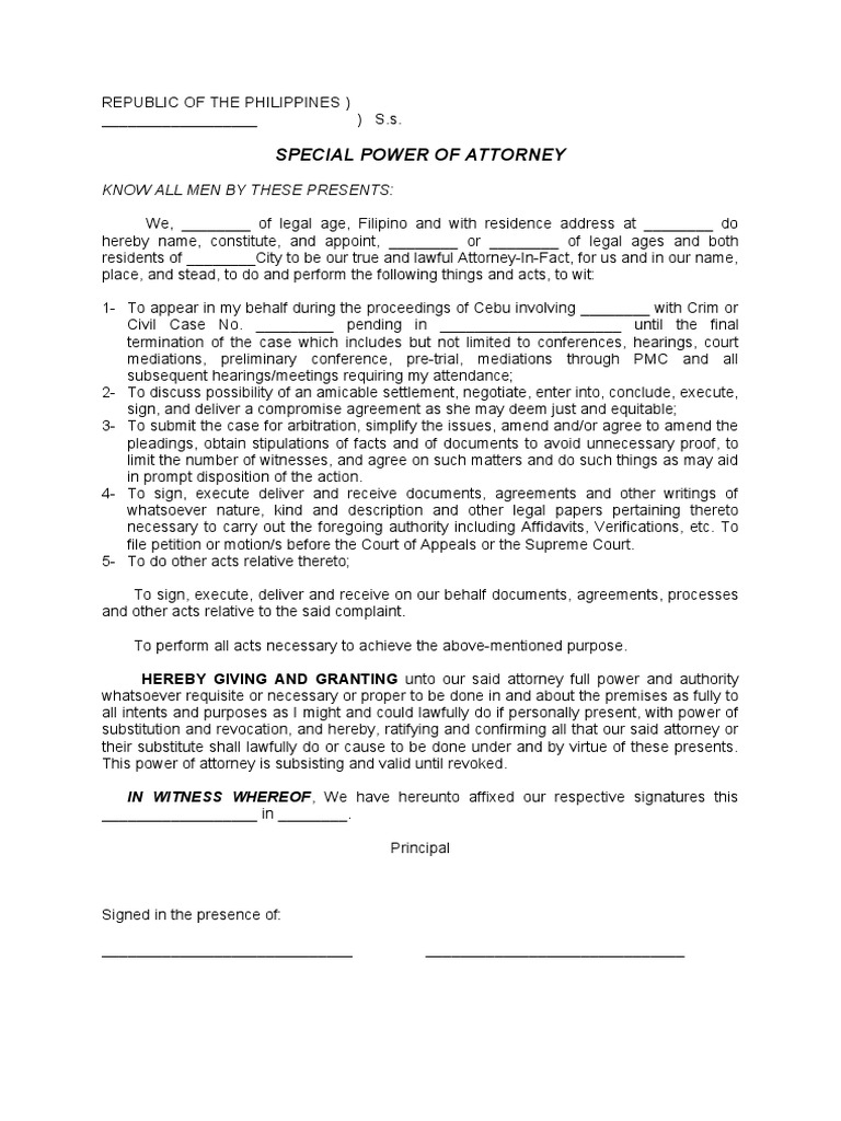SPA Template For Pre Trial | PDF | Power Of Attorney | Lawsuit