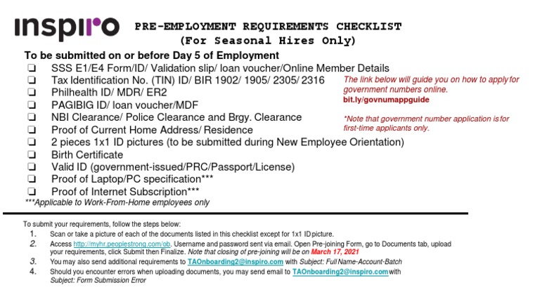 Pre-Employment Requirements Checklist (For Seasonal Hires Only) | PDF