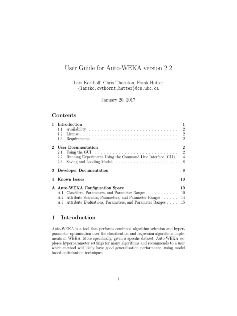User Guide For Auto-WEKA Version 2.2: Lars Kotthoff, Chris Thornton, Frank Hutter | PDF ...