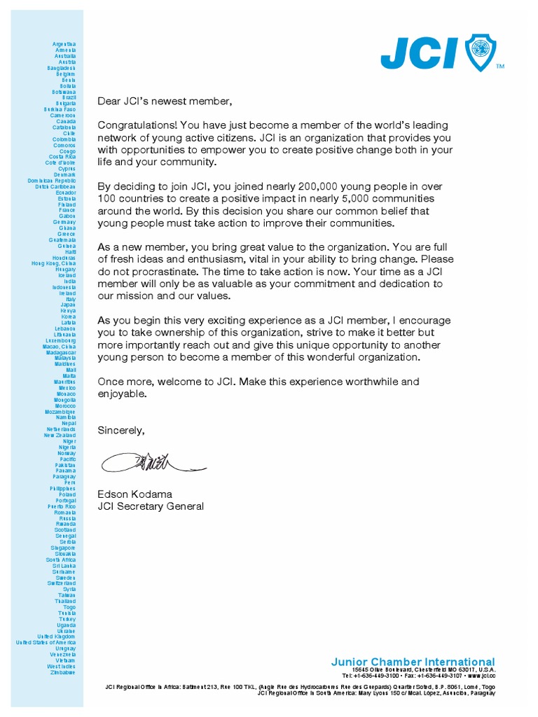 3 - JCI New Member Welcome Letter From JCI Secretary General | PDF