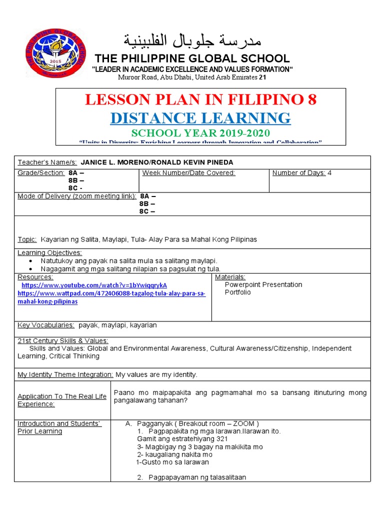 Week 1 Filipino 8 Dl-Lesson-Plan-Evaluation | PDF