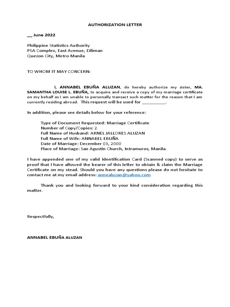Authorization Letter - Marriage Certificate - PSA | PDF