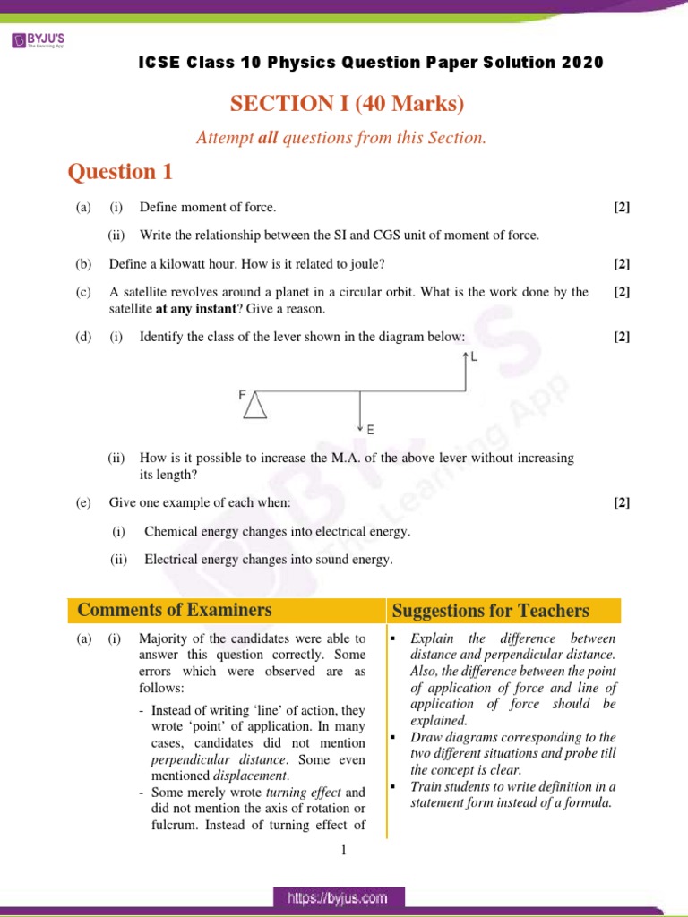 ICSE Class 10 Physics Question Paper Solution 2020 | PDF | Heat | Force