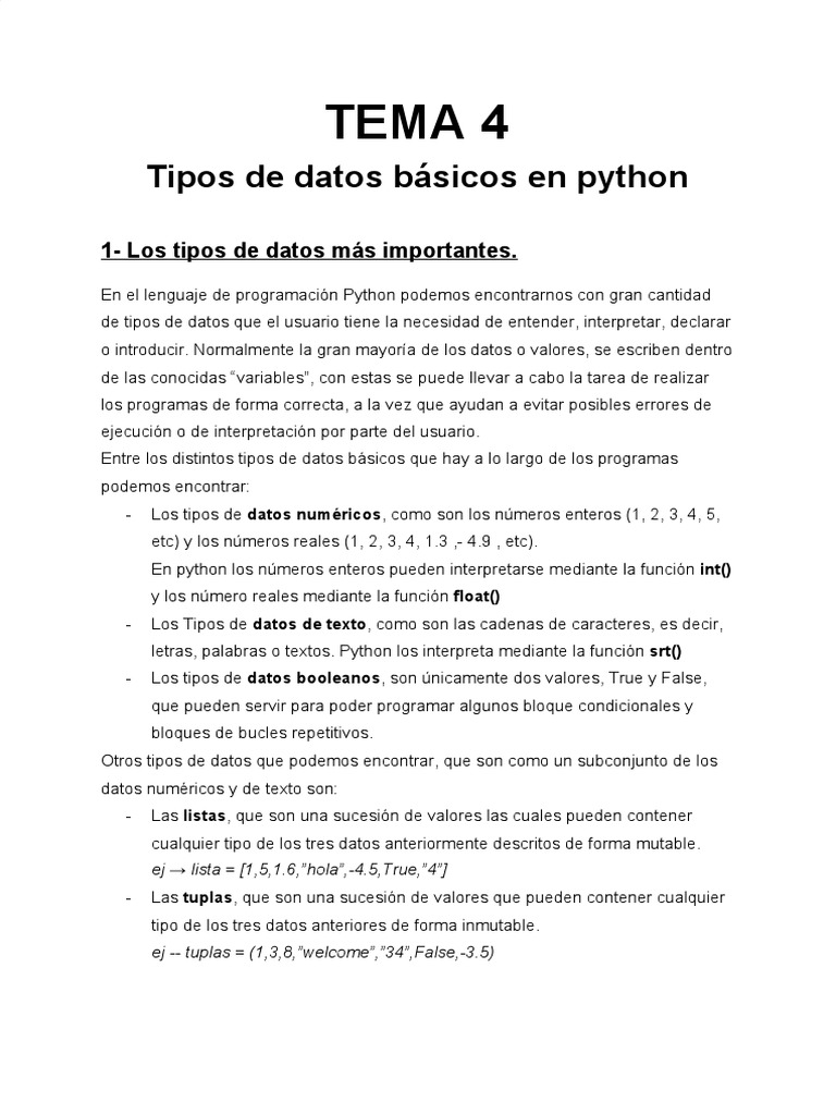 TEMA 4 - Tipos de Datos en Python | PDF | Python (lenguaje de programación) | Programa de ...