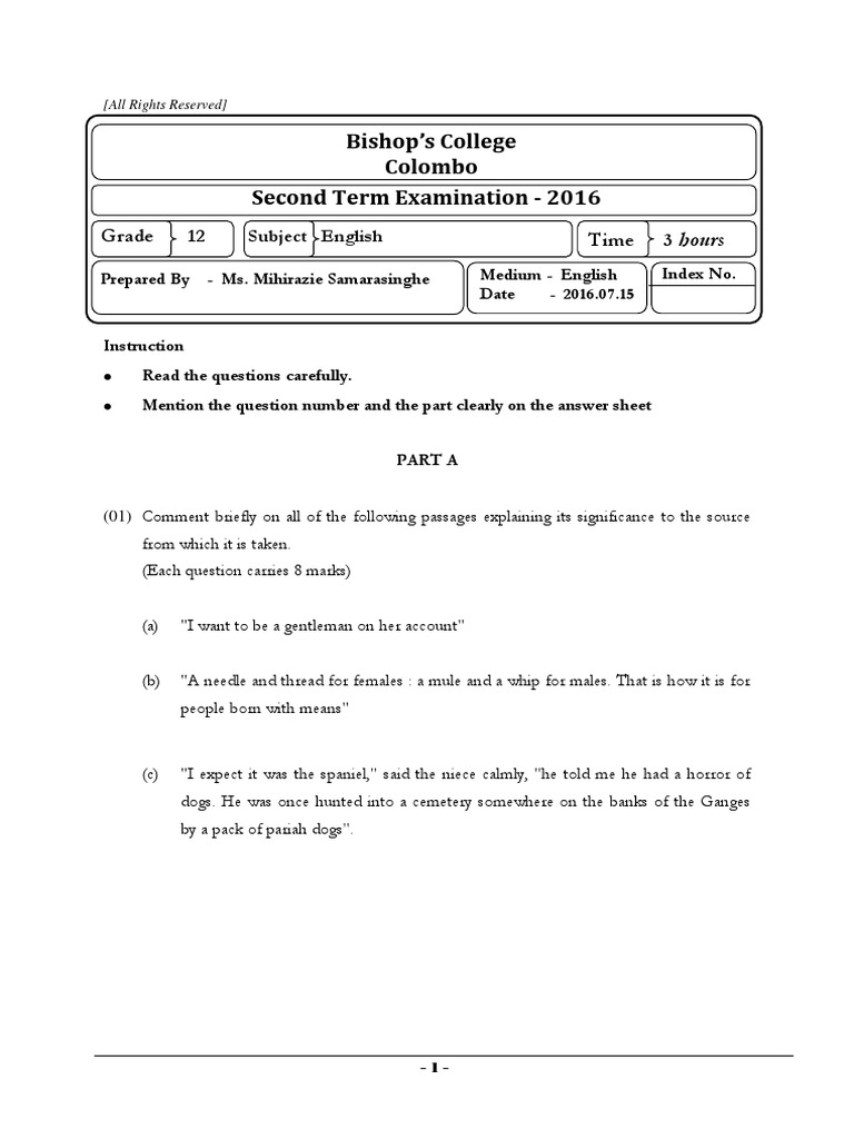 Bishop's College Colombo: Grade 12 Time 3 Hours | PDF