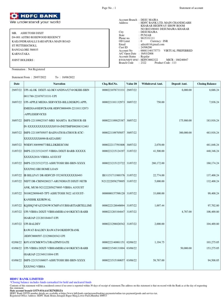 Statement of Account Summary for Mr. Ashutosh Dixit from July 29, 2022 to August 18, 2022 | PDF ...