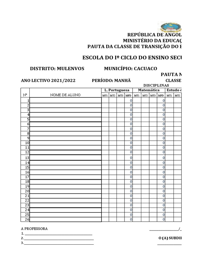 PAUTA 1ª até 5ª CLASSE | PDF | Educação primária | Ensino médio