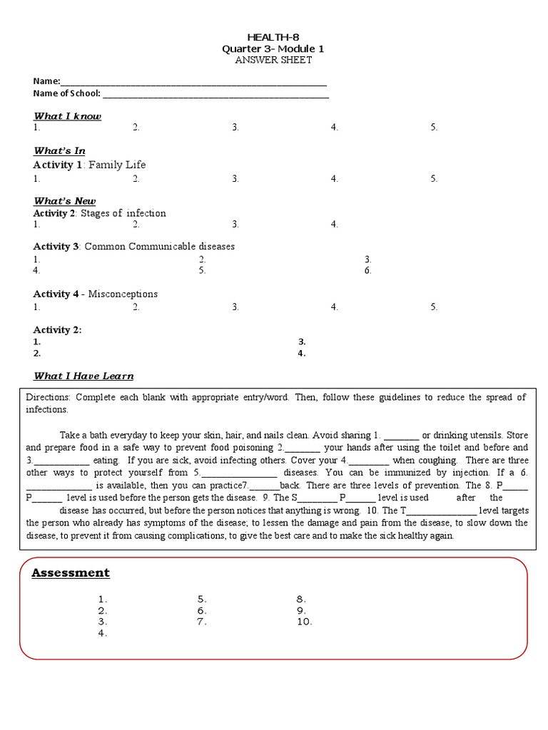 HEALTH-8 Q3 M1 (Answer Sheet) | PDF | Infection | Diseases And Disorders