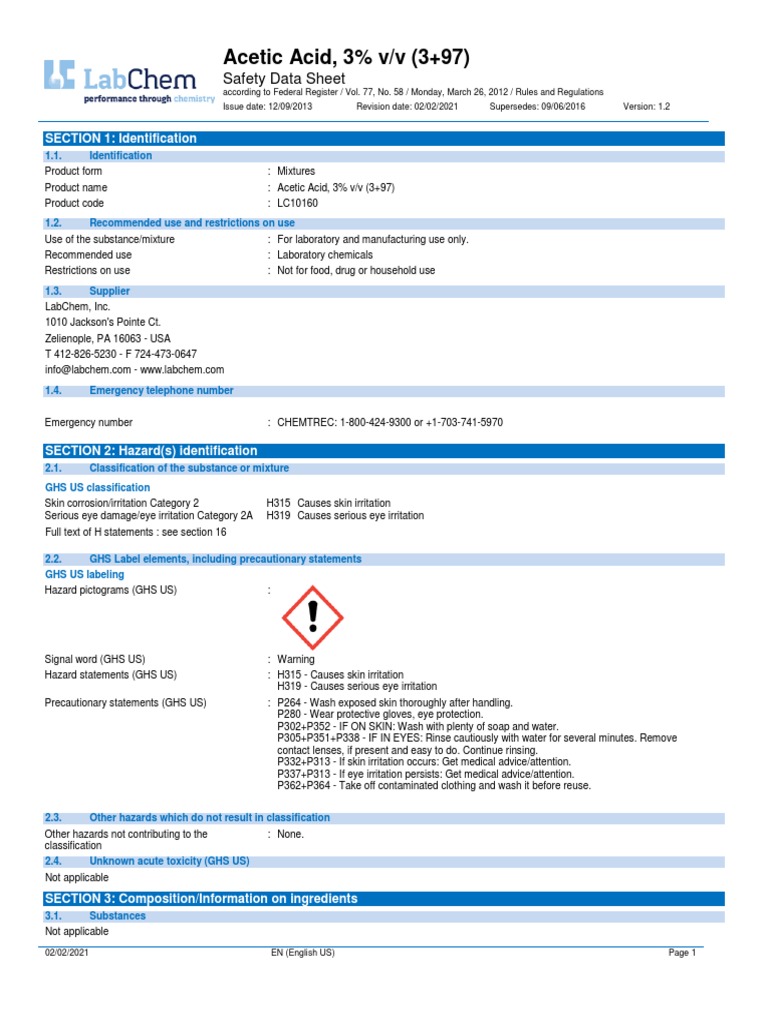 Acetic Acid, 3% V/V (3+97) : Safety Data Sheet | Download Free PDF | Toxicity | Firefighting