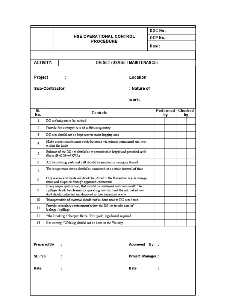 HSE Operational Control Procedure For DG SET (Usage - Maintenance) | PDF