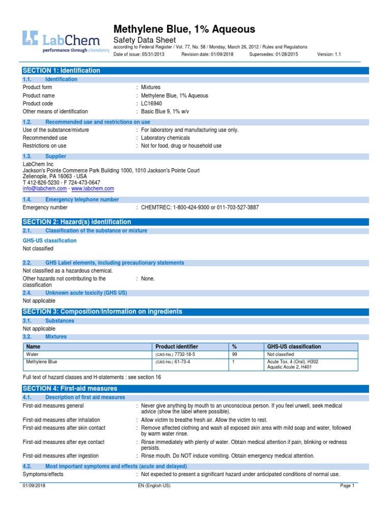 Methylene Blue, 1% Aqueous: Safety Data Sheet | PDF | Toxicity ...