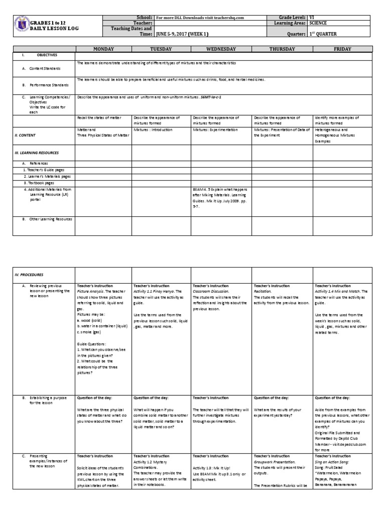 Grade 6 DLL SCIENCE 6 Q1 Week 1 | PDF | Mixture | Teachers