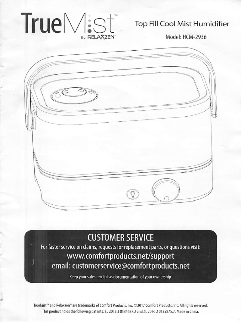 TrueMist Top Fill Cool Mist Humidifier HCM-2936 Manual | PDF