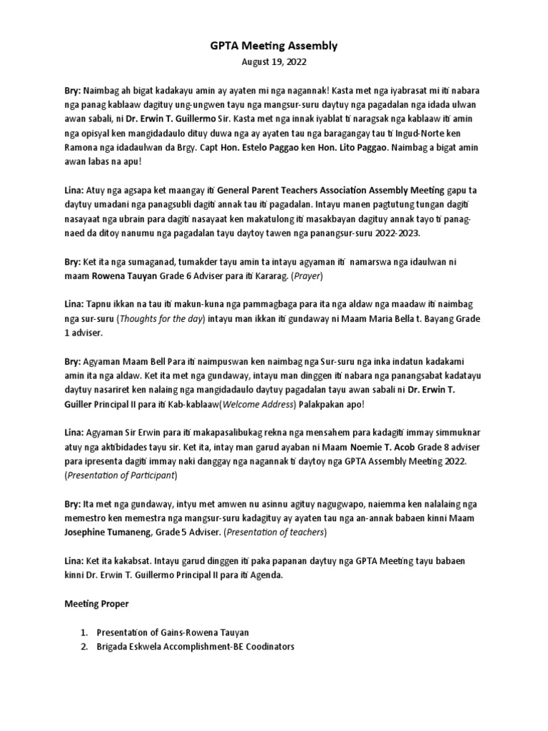 GPTA Meeting Assembly Script | PDF