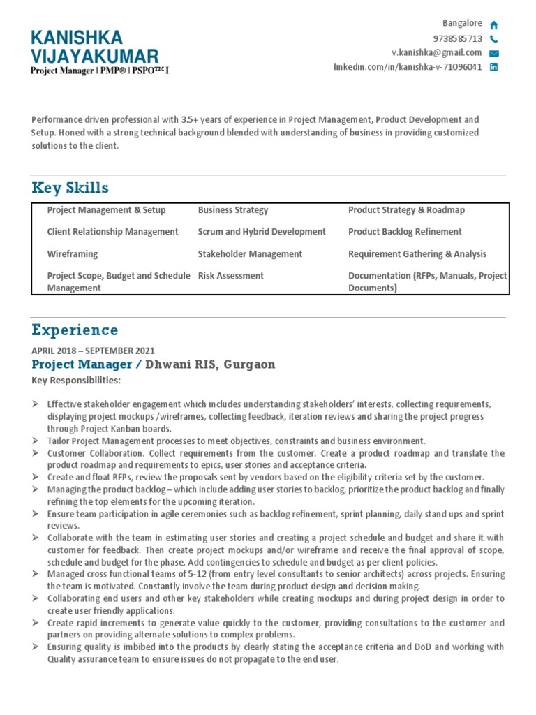 Kanishka Vijayakumar: Key Skills | PDF | Scrum (Software Development) | Project Management