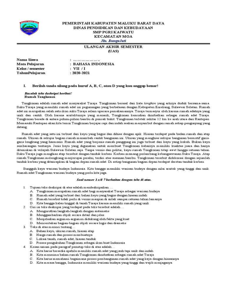 Uas Bindo Kls Vii Sem Ganjil 2020 - 2021 | PDF