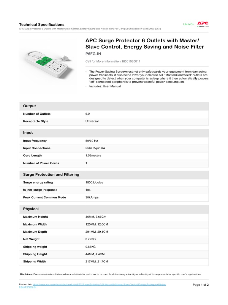 APC Surge Protector 6 Outlets With Master/ Slave Control, Energy Saving ...