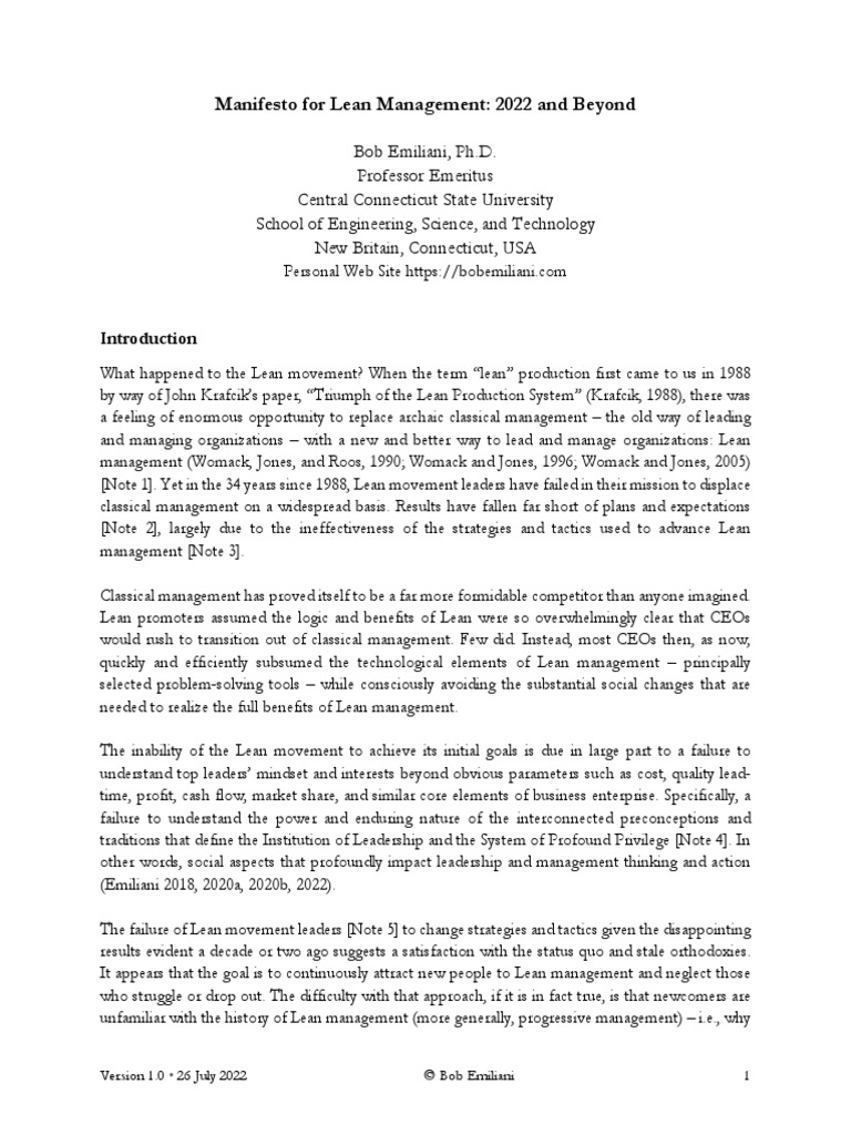 Manifesto For Lean Management by Bob Emiliani | PDF | Lean ...