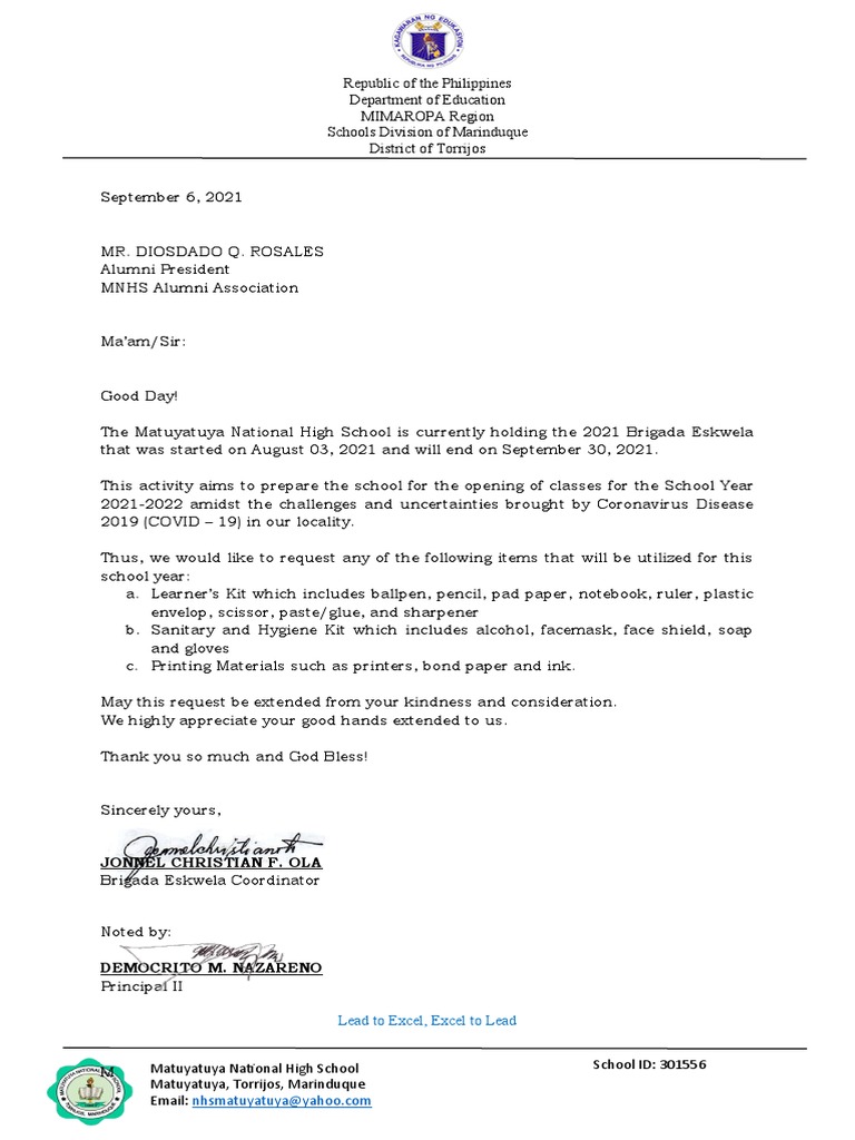 Communication Letter For Brigada Eskwela | PDF