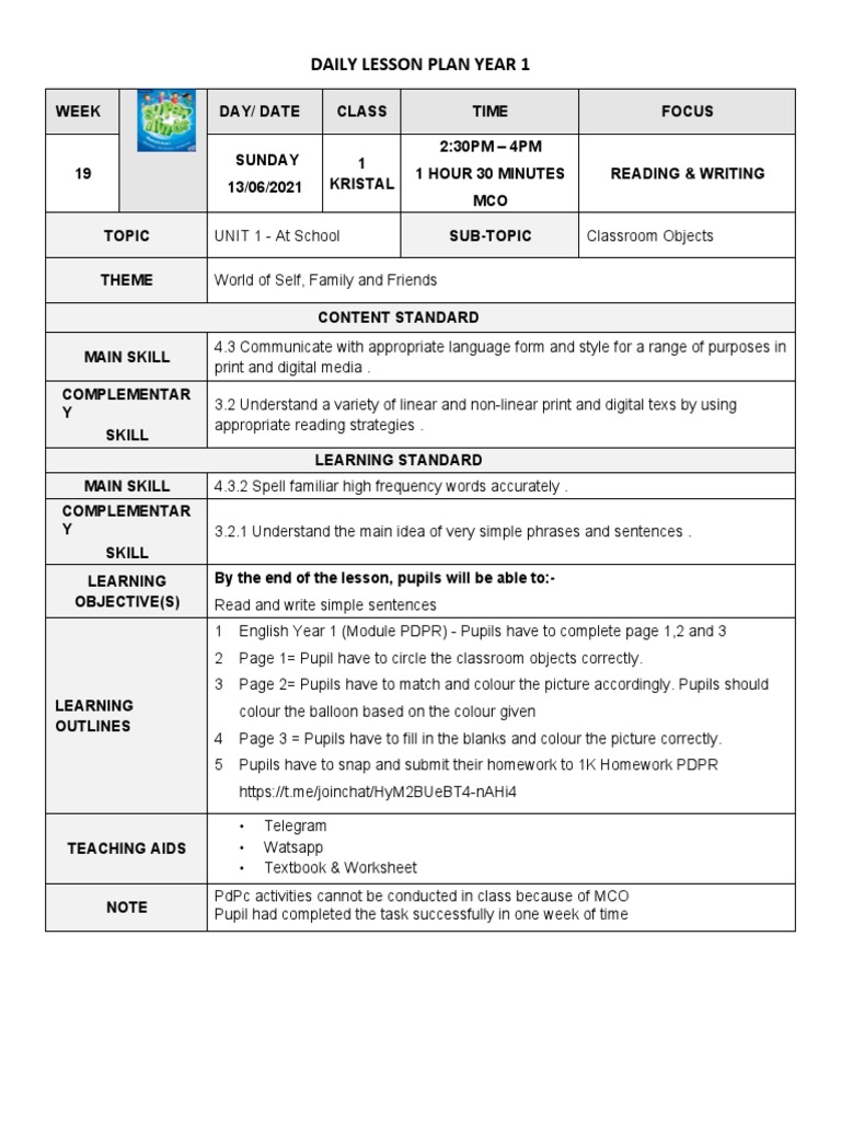 Daily Lesson Plan Year 1 Mco Week 19 | PDF | Lesson Plan | Cognition