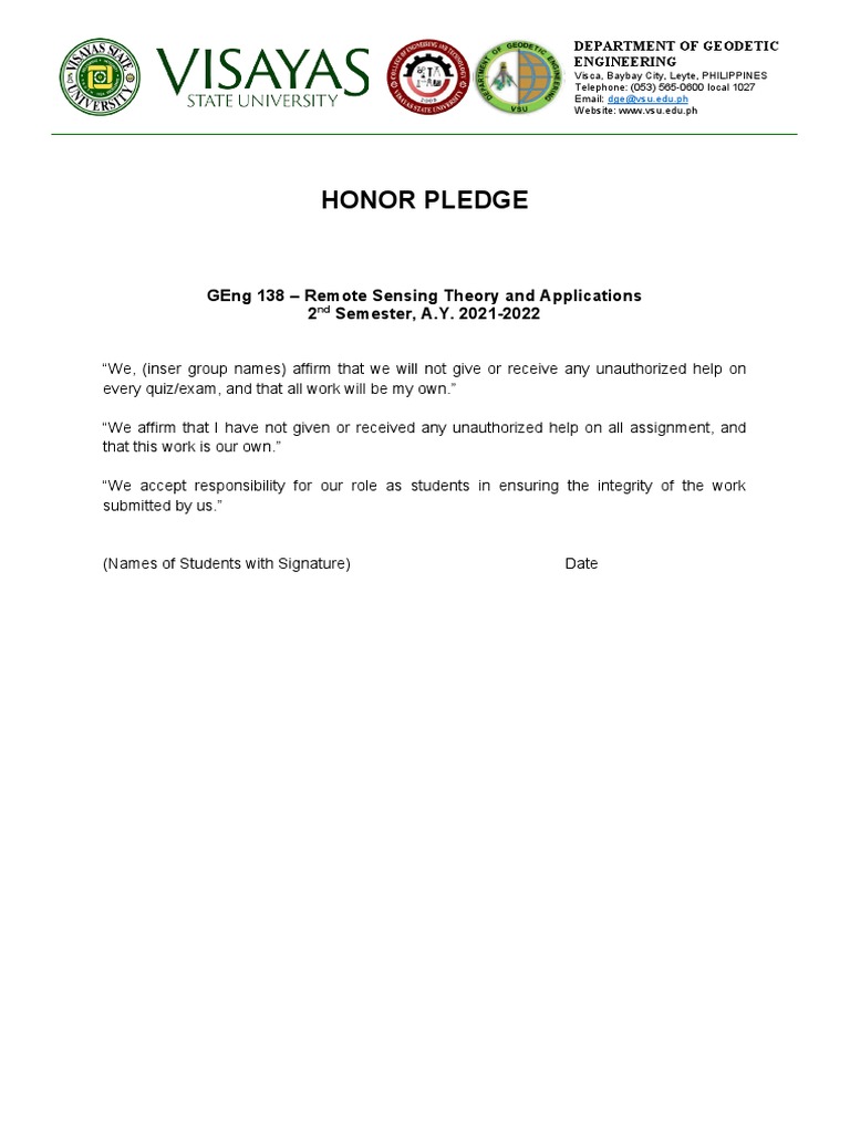Honor Pledge: Geng 138 - Remote Sensing Theory and Applications 2 ...