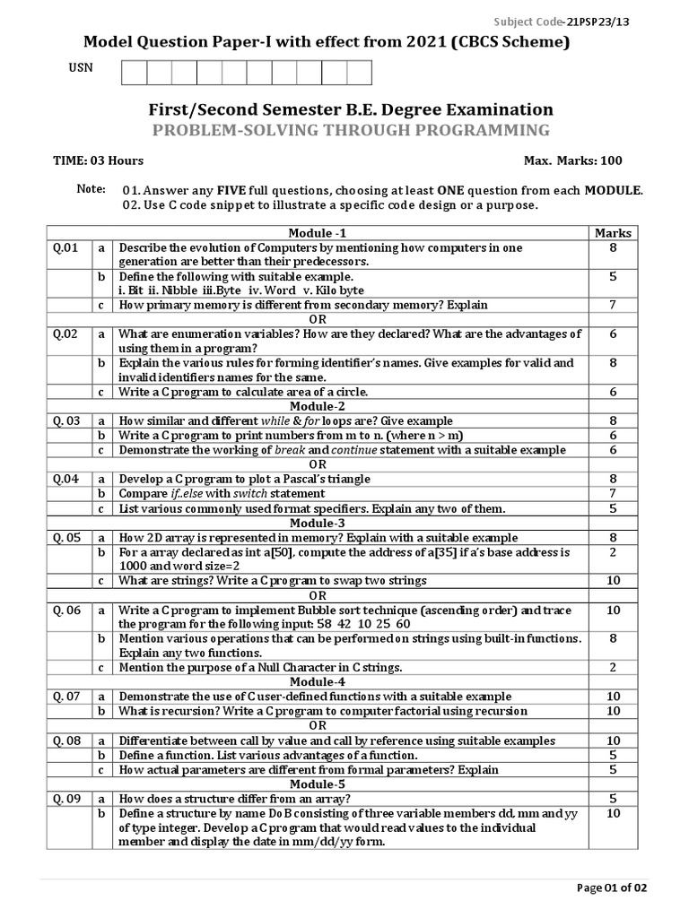 21PSP23set1 | PDF | C (Programming Language) | Subroutine