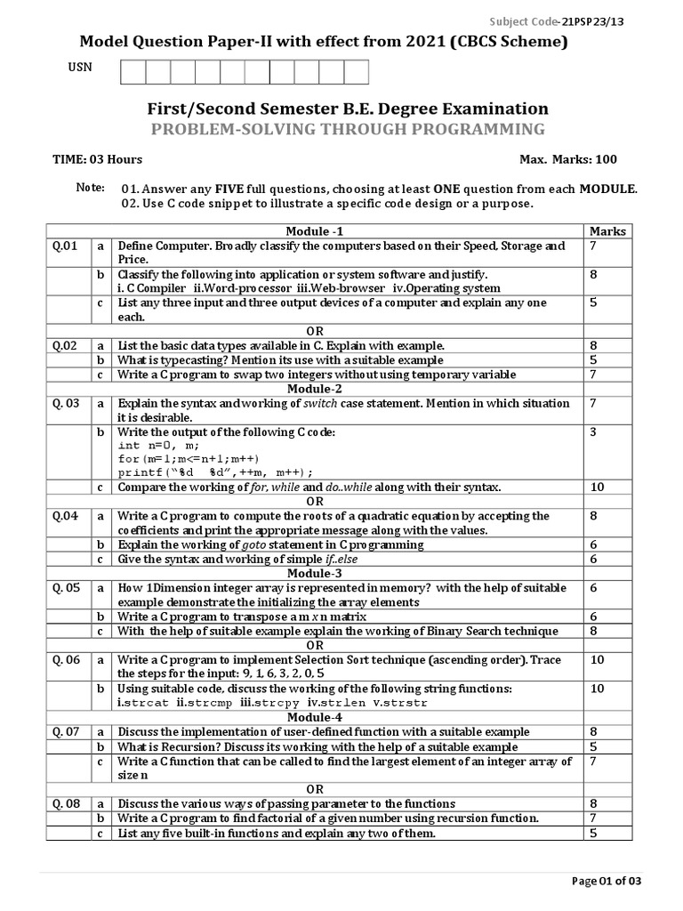 Problem Solving Through Programming Firstsecond Semester Be Degree Examination Pdf