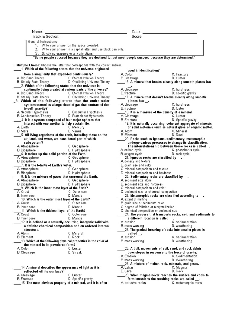 Earth Science Multiple Choice Questions | PDF | Rock (Geology) | Plate ...