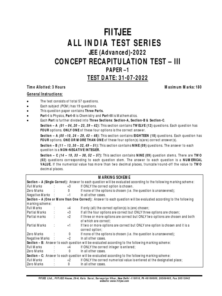 JEE Advanced 2022 Paper 1 Test Details | PDF | Rotation Around A Fixed ...