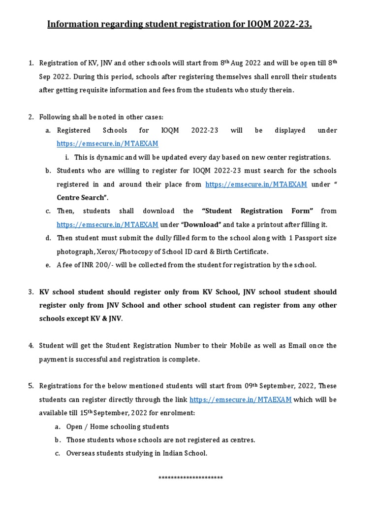 Student Registration Process For IOQM 2022-23 | PDF