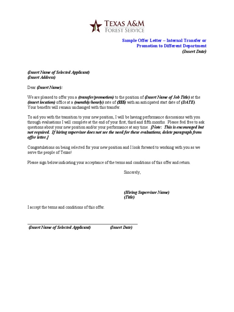 Sample Offer Letter - Internal Transfer or Promotion To Different ...